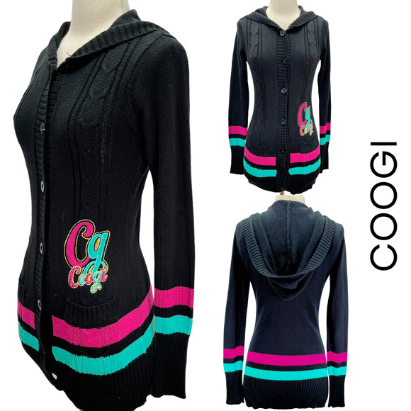 COOGI | Sweaters | Coogi Womens Cardigan Black Hooded Sweater Green ...